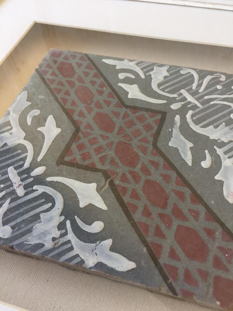 (SOLD) Framed Italian Antique Tile - Gray White Red Black