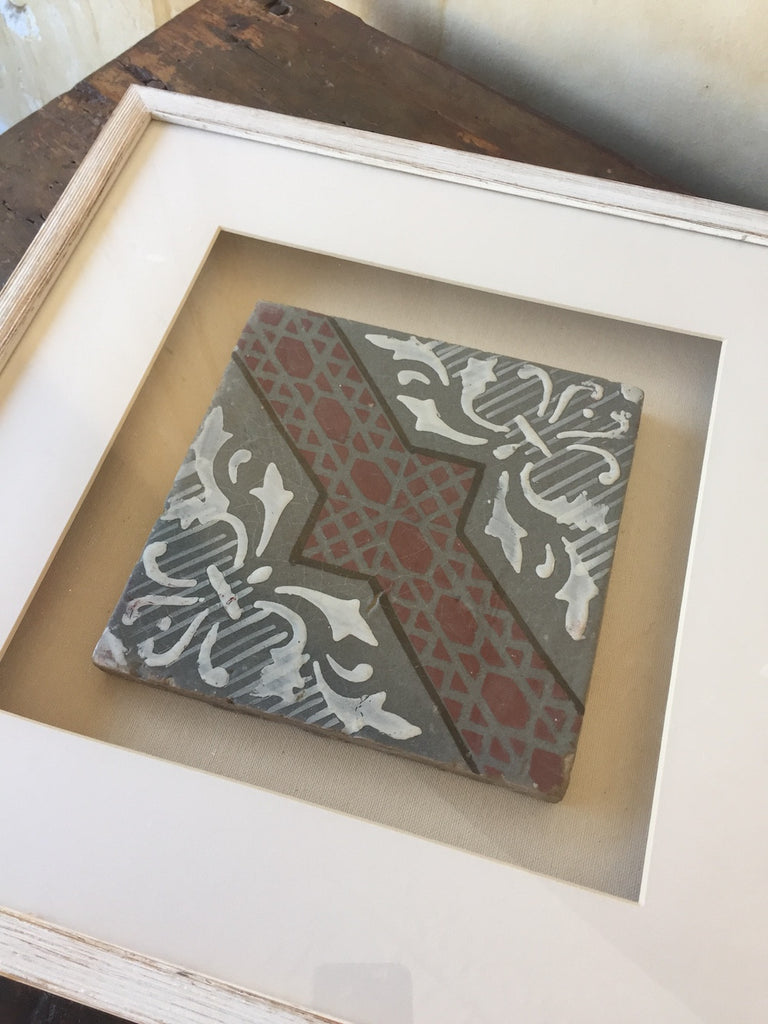 (SOLD) Framed Italian Antique Tile - Gray White Red Black